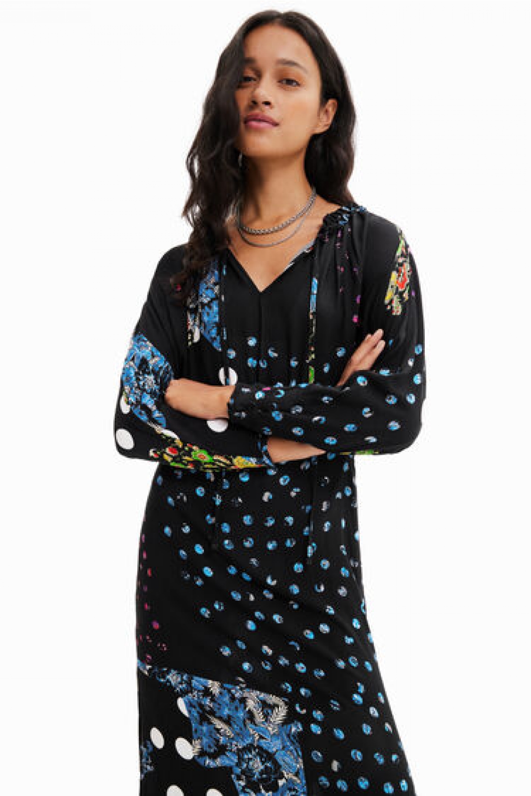 Rochie midi boho cu imprimeu floral și buline OUTLET DESIGUAL - Solmar